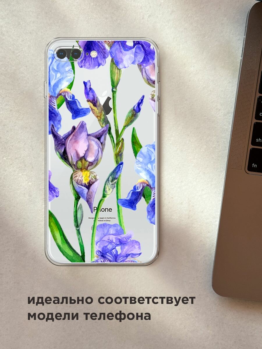 Чехол на Apple iPhone 7 Plus / Айфон 7 Плюс с принтом "Синие ирисы", прозрачный — фото 1