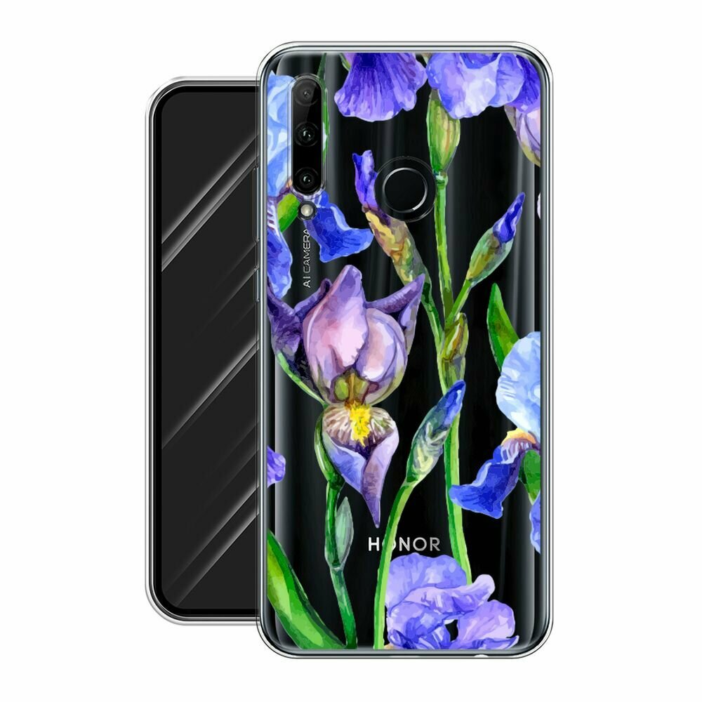 Чехол на Honor 10i/20 Lite 2019/20e/Huawei P Smart Plus 2019 / Хонор 10i с принтом "Синие ирисы", прозрачный — фото 1