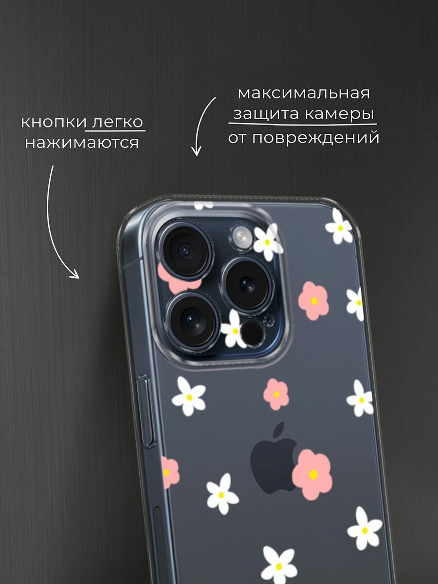Чехол на Apple iPhone 15 Pro / Айфон 15 Про с принтом "Розовые и белые цветы", прозрачный — фото 1