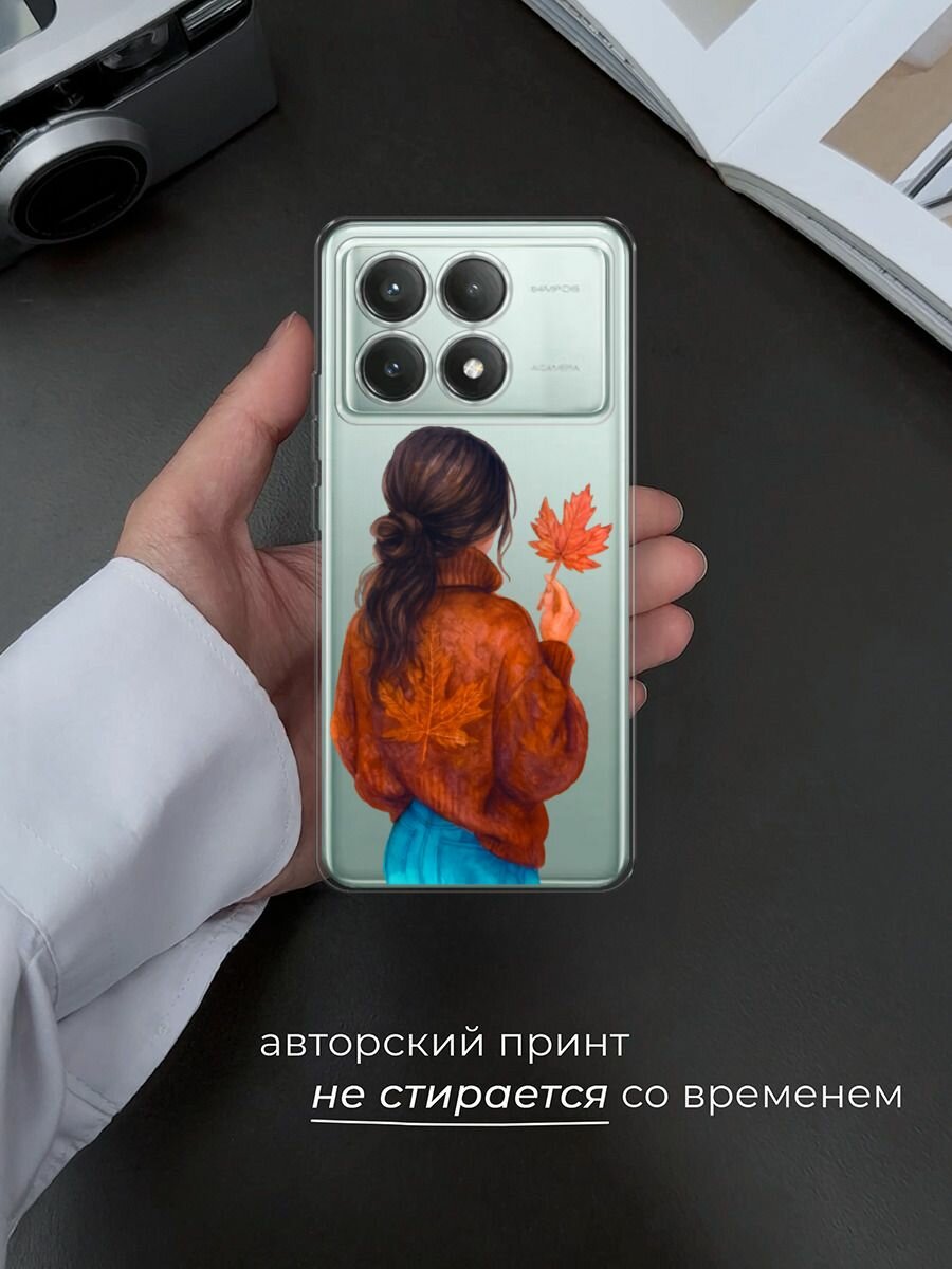 Чехол на Xiaomi Poco X6 PRO 5G / Поко X6 Про 5G с принтом "Девушка с опавшим листом", прозрачный — фото 1