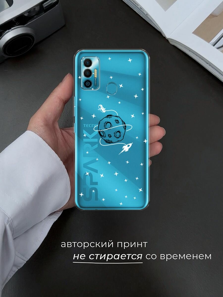 Чехол на Tecno Spark 7 / Техно Спарк 7 с принтом "Полет вокруг луны", прозрачный — фото 1