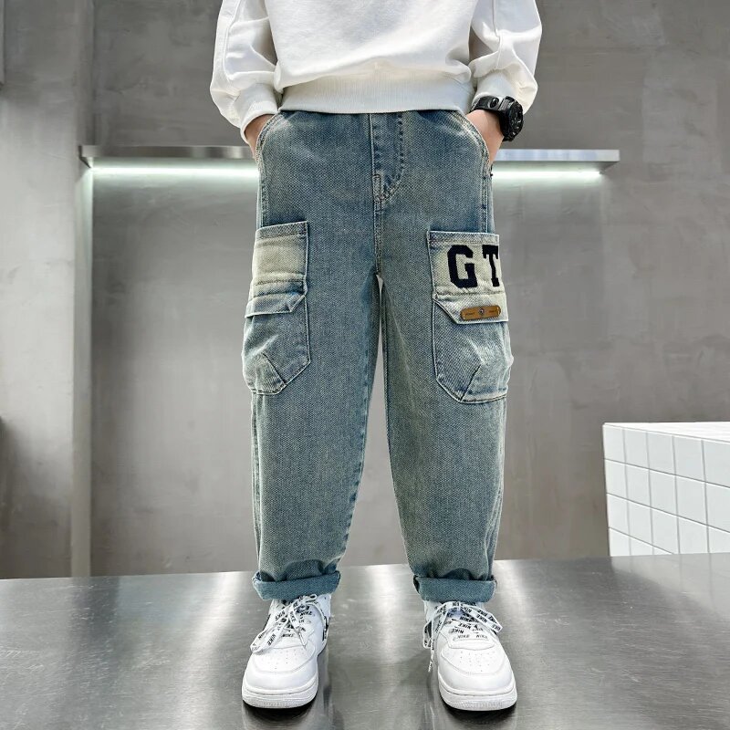 RONG CH Осенние корейские джинсы для мальчиков карго-джинсы с карманами повседневного использования