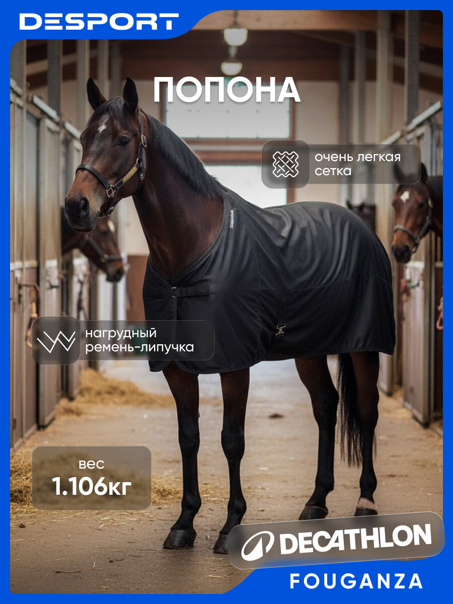 Попона сушильная FOUGANZA 100, для лошадей и пони, черная, двухслойная