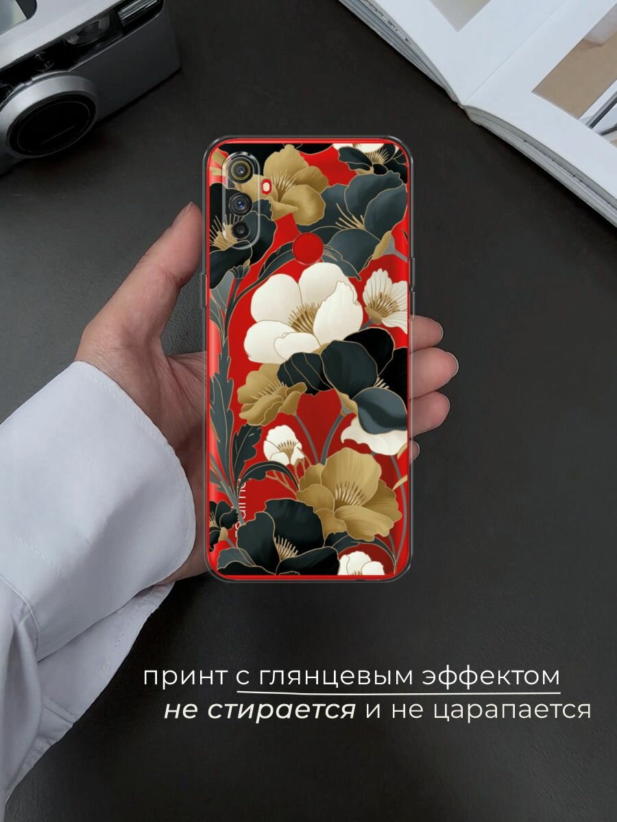 Силиконовый чехол на Realme C3 / Реалми C3 с принтом Золотые цветы — фото 1