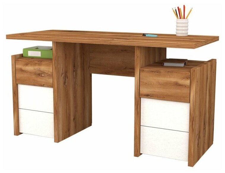 Письменный стол Мебелеф-22 с 2 тумбами, 6 ящиков, дуб кельтик светлый/белый глянец