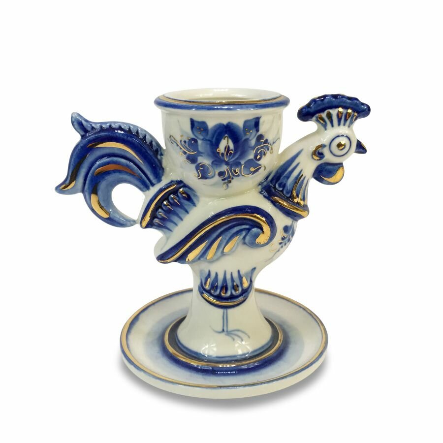 Подставка фарфоровая под яйцо Петух Гжель с золотом