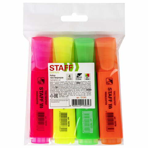 Набор текстовыделителей STAFF "EVERYDAY" HL-243, 4 шт, ассорти, линия 1-5 мм, 151243