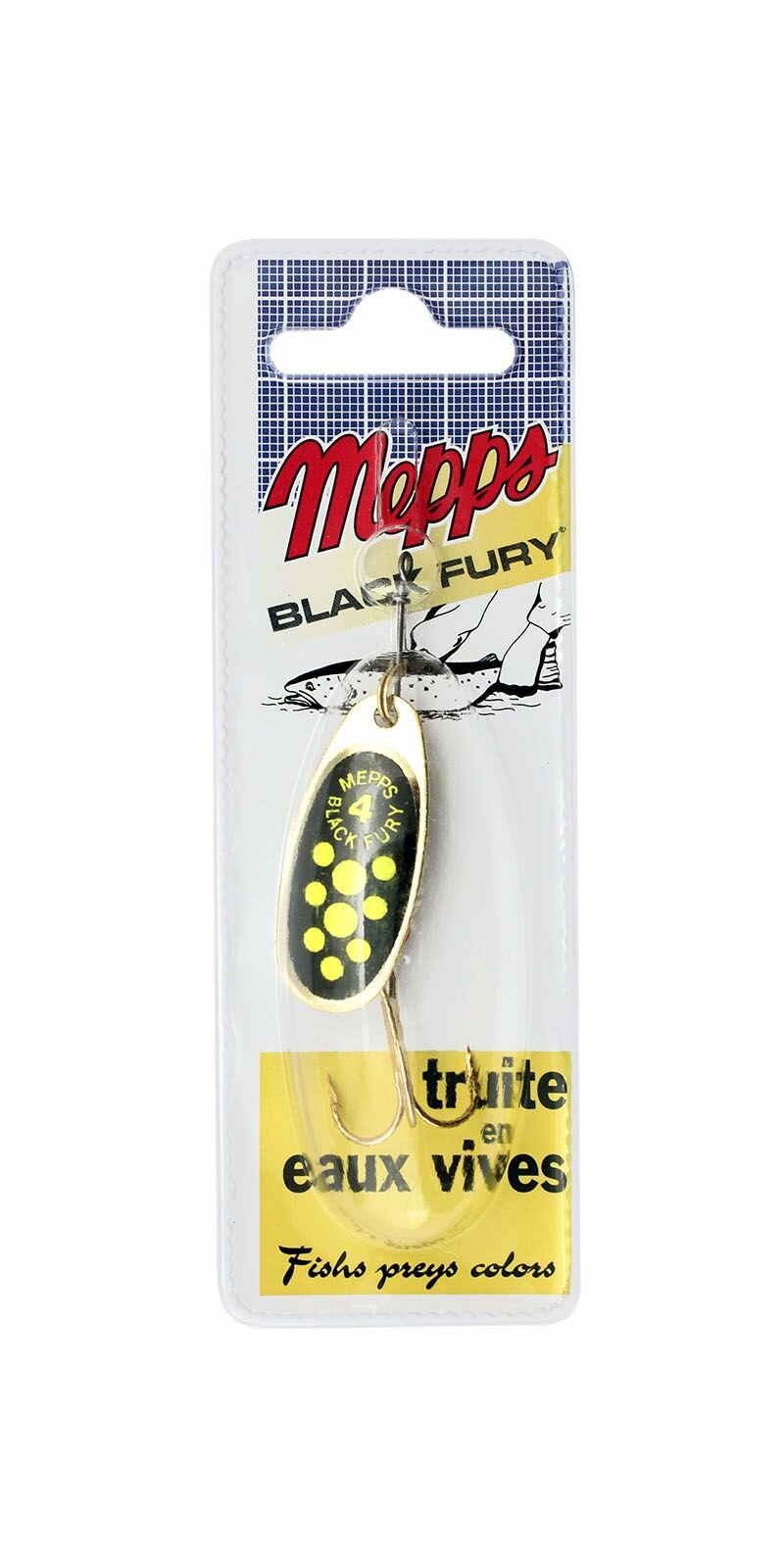 Блесна вращающаяся MEPPS "Black Fury CHART OR" №4, вес 8г, блистер, приманка на щуку, окуня, форель