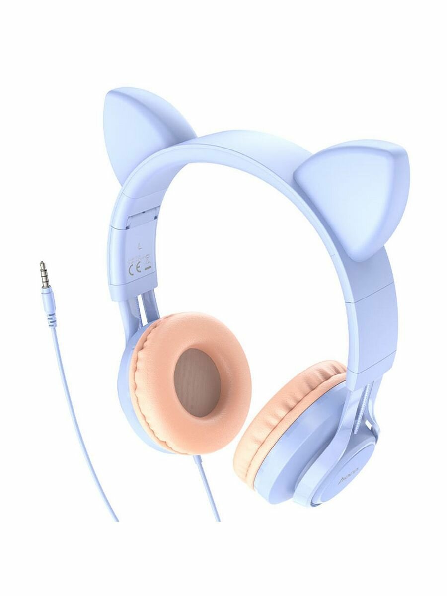 Наушники с микрофоном Hoco W36 Cat ear, подсветка, небесно-голубые