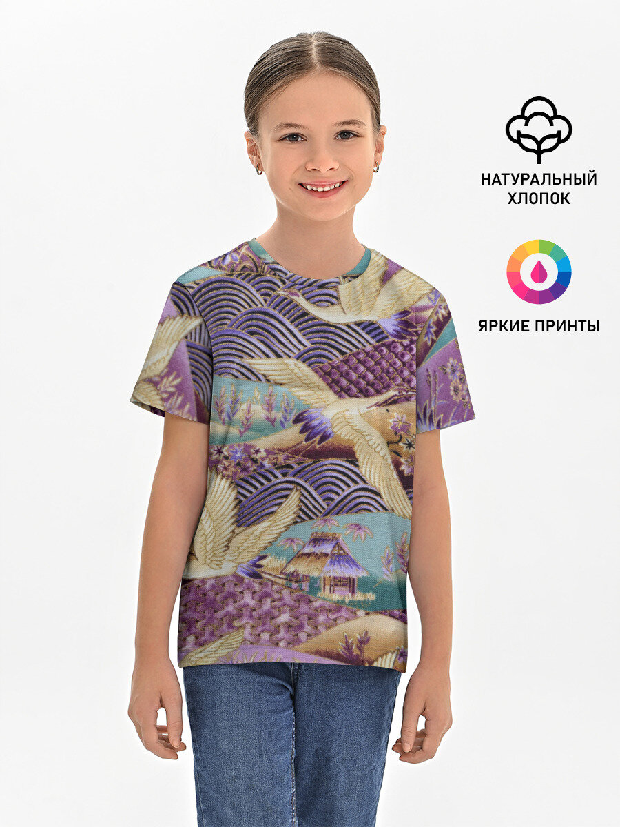 Футболка хлопковая детская Японская вышивка с журавлями