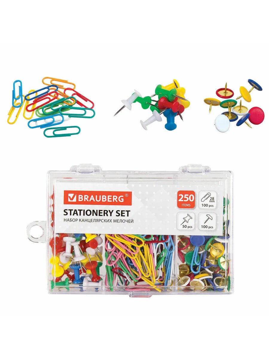 Набор BRAUBERG, скрепки цветные 28 мм/100 шт, кнопки канце