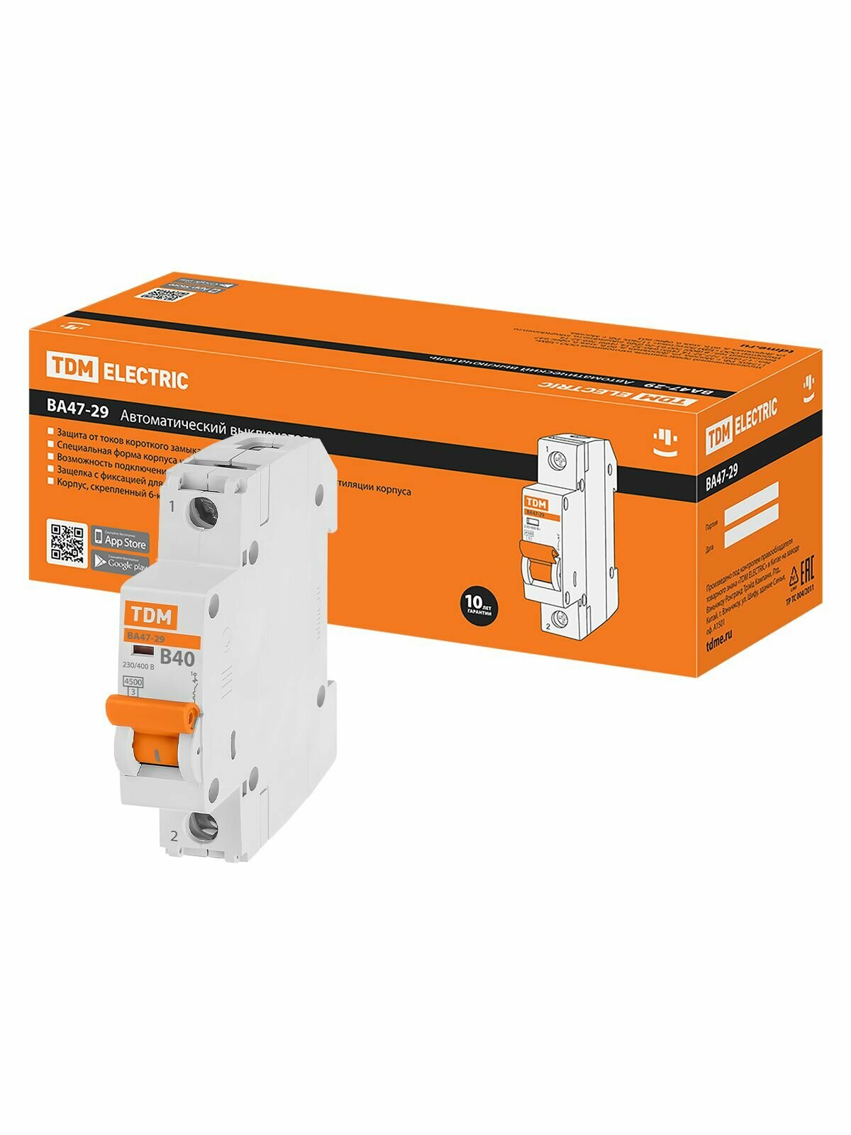 Автоматический выключатель TDM ELECTRIC ВА47-29 SQ0206-0014, 1P, 40A, 230В