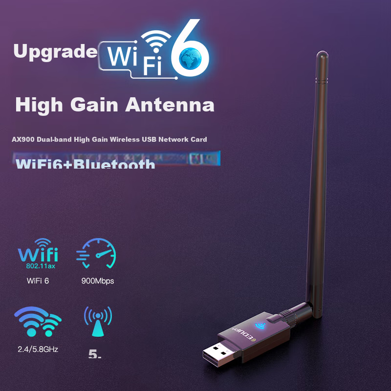 EDUP AX900 USB Wireless Network Adapter, WiFi 6 Dual-Band 5G Bluetooth 5.3 Two-In, Win10/11 Desktop Laptop WiFi Receiver, External Antenna, EP-AX900