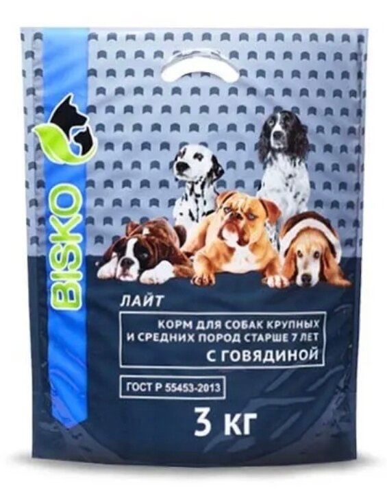 Биско Лайт 3 кг. Сухой корм для взрослых собак крупных и средних пород с излишним весом и престарелых собак.