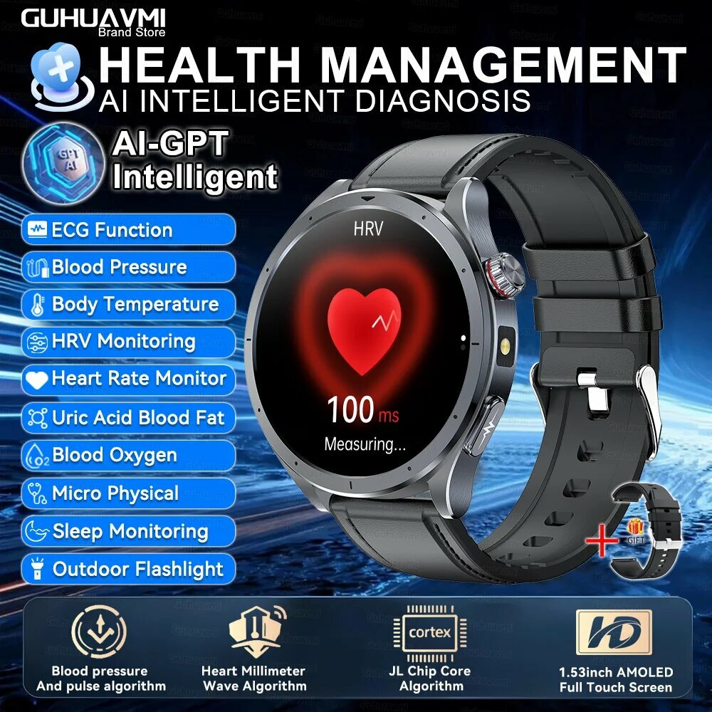 Умные часы GUHUAVMI Black Leather с ECG и HRV