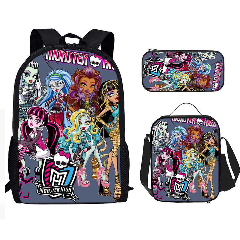 В наличии трансграничный бестселлер Monster High: школьная сумка из трех предметов с принтом Monster High, пенал, сумка через плечо и вместительный студенческий рюкзак.