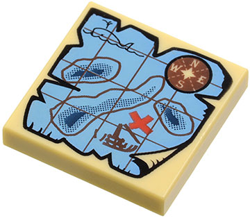 Tile 2 x 2 with Map Nautical with Red 'X' Pattern, 3068pb0315 Tan N