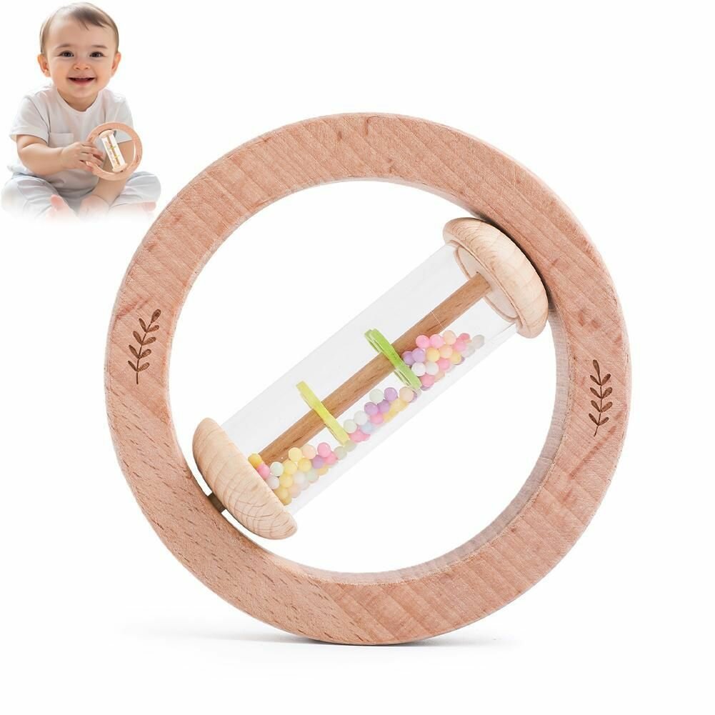 Деревянная круглая игрушка-погремушка для малышей, с эффектом дождя, развивающая и с функцией прорезывателя, подарок для новорождённых