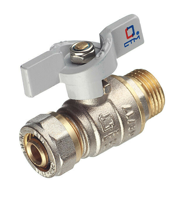 Кран шаровой латунный СТМ 16 обжц х 1/2 НРш для металлопластиковых труб бабочка прямой