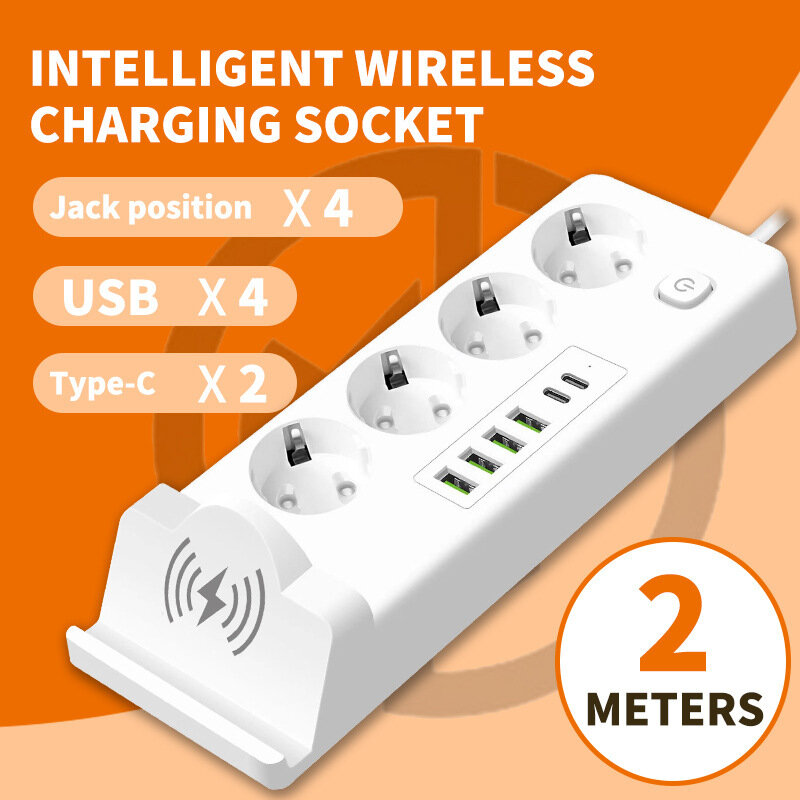 Беспроводная зарядная розетка столешницу: 4xUSB, 2 Type-C, 10А/2500Вт - Для кухни. Защита от перенапряжения, 2м кабель.4