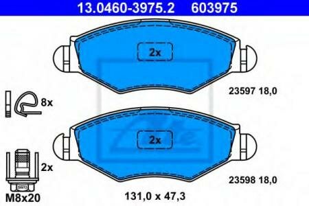 Колодки тормозные дисковые передн, PEUGEOT: 206 SW 1.1/1.4/1.4 HDI 02-, 206 Наклонная задняя часть 1.1/1.1 I/1.4 HDI/1.4 HDI ECO 70/1.4 I/1.6 I/1.9 D, 13046039752 ATE 13.0460-3975.2
