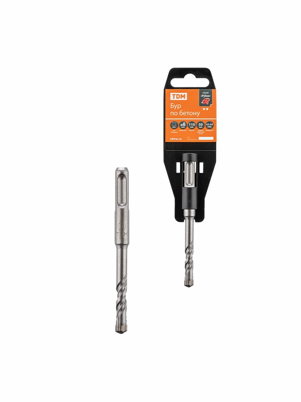 Бур по бетону, 8 110 50 мм, SDS-Plus, 4 резца, пластиковый держатель, 1 шт, "Рубин" TDM