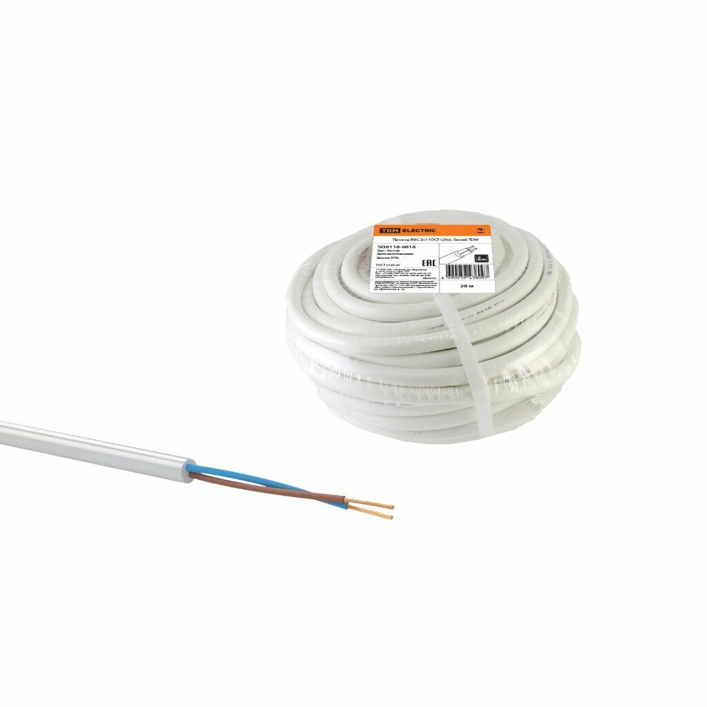 Провод ПВС, 20 м, медь, гибкий, 2х1 мм², ГОСТ, TDM Electric, SQ0118-0018