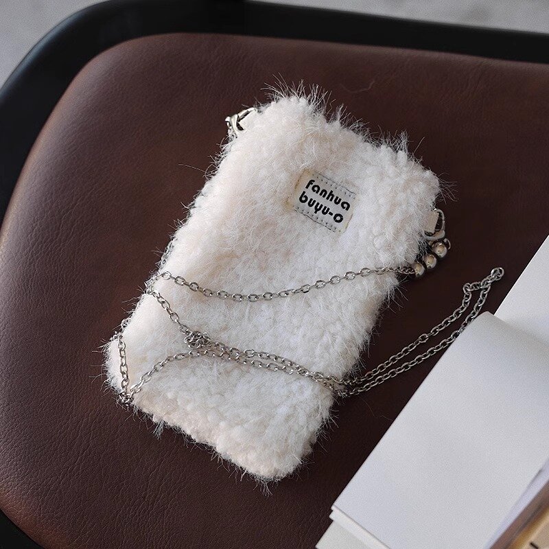 Плюшевая сумка-мессенджер, для телефона, на цепочке, белая