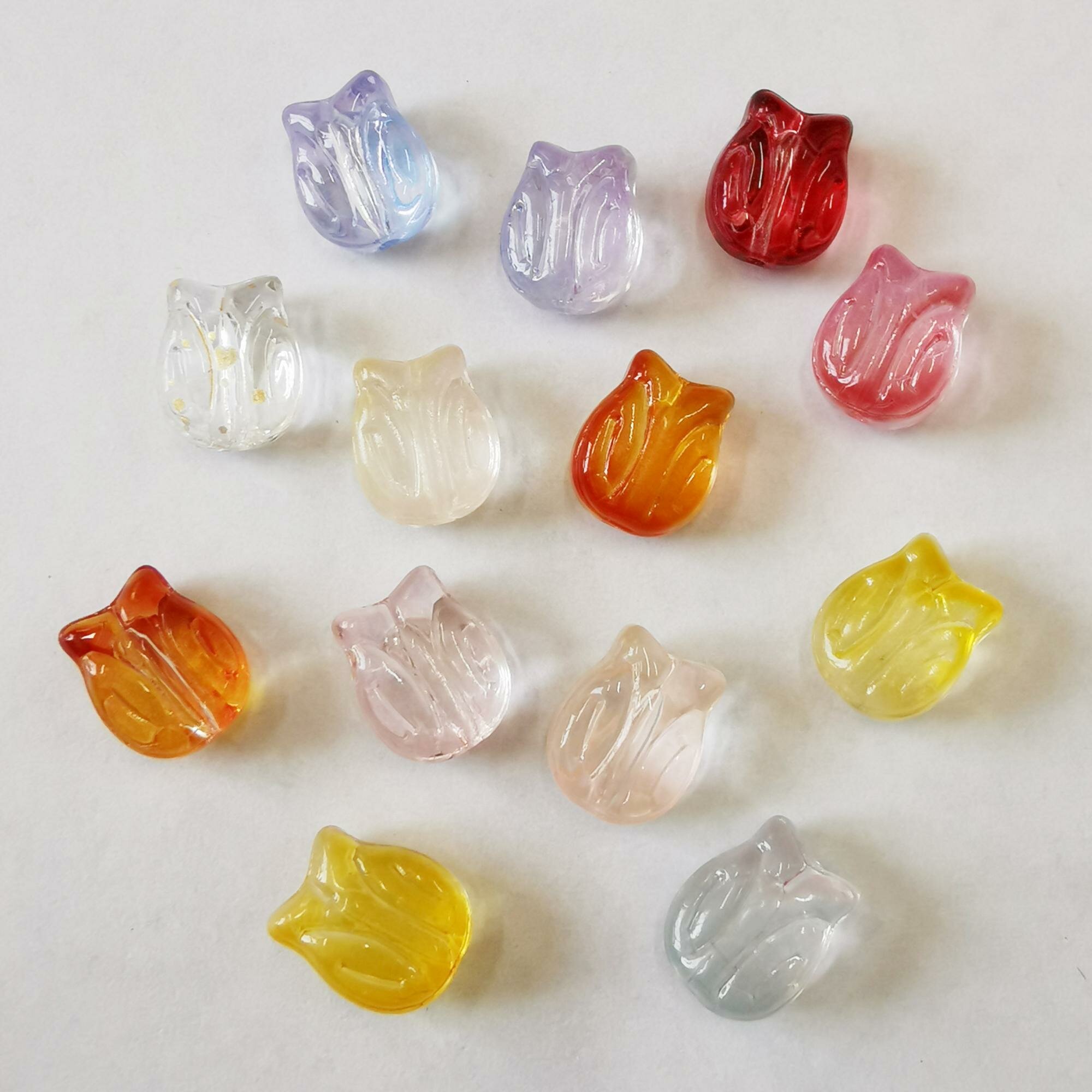 Бусины стеклянные, 12.4х10.2х7мм, тюльпаны, микс цветов, 15 грамм