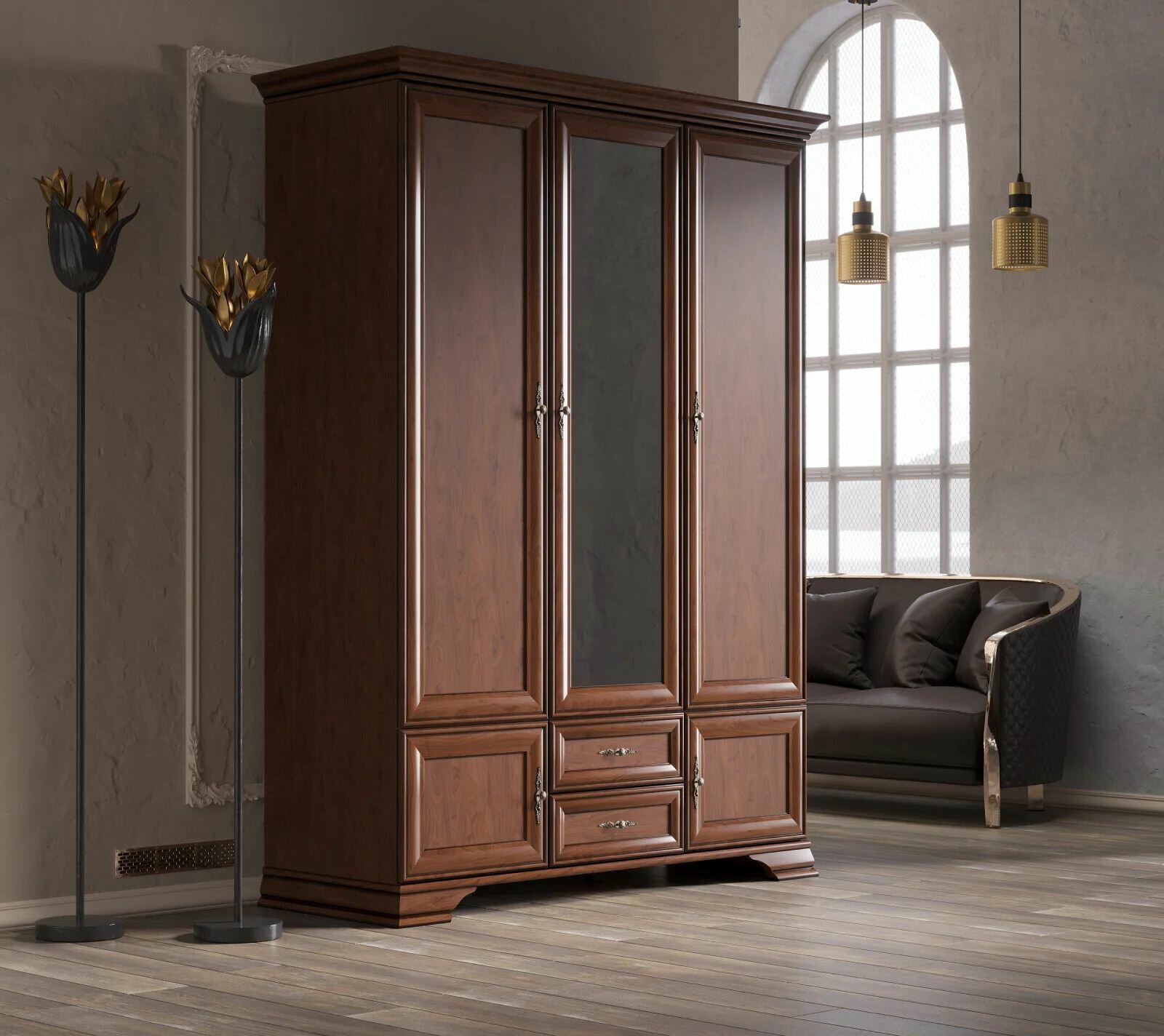 Шкаф для одежды Kentaki SZF5D2S каштановый, распашной с зеркалом, каштановый, трехстворчатый, со штангой