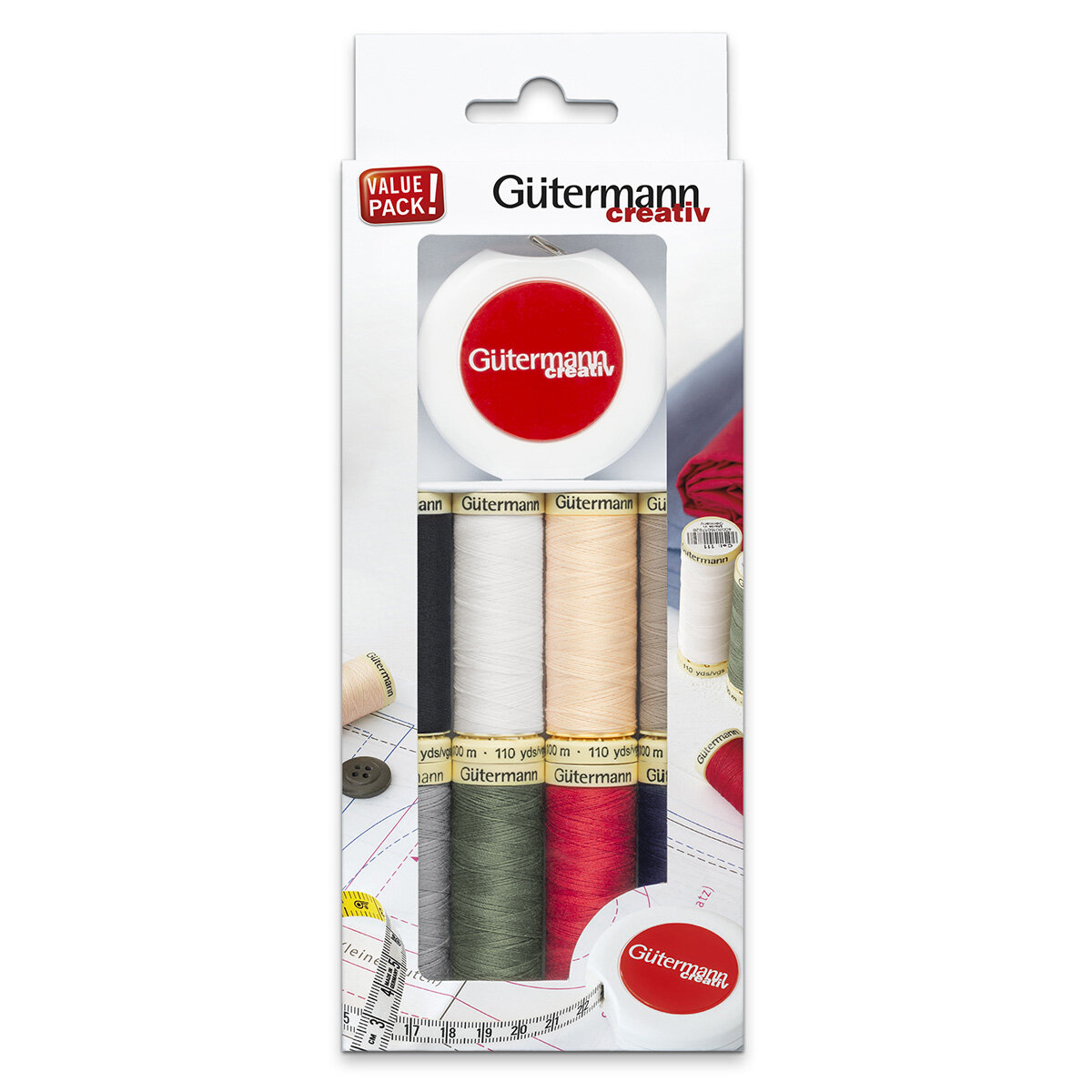 Нитки швейные набор Gutermann Sew-all №100, универсальные, цветные, рулетка-сантиметр в комплекте, 8 шт по 100 м
