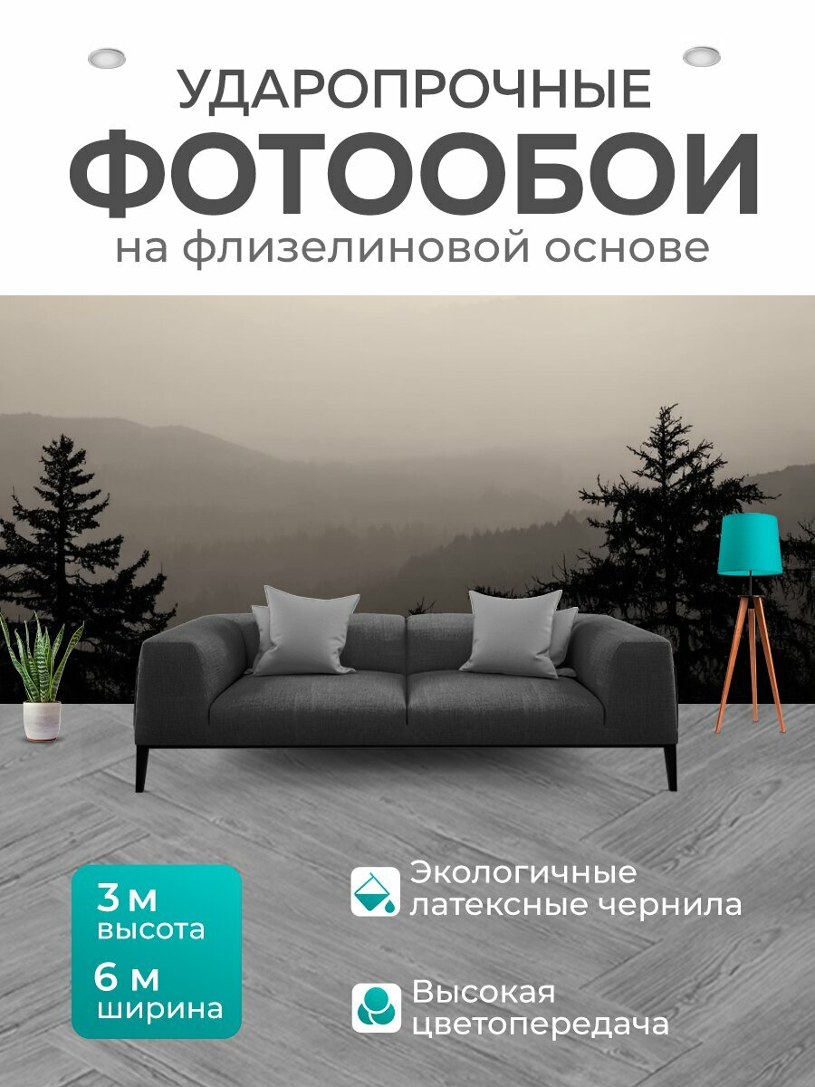 Фотообои моющиеся ударопрочные "Туман в стиле сепия, туманные горы на горизонте, черно-белые силуэты деревьев на переднем плане, минималистичный стиль" 600x300 см. флизелиновые на стену