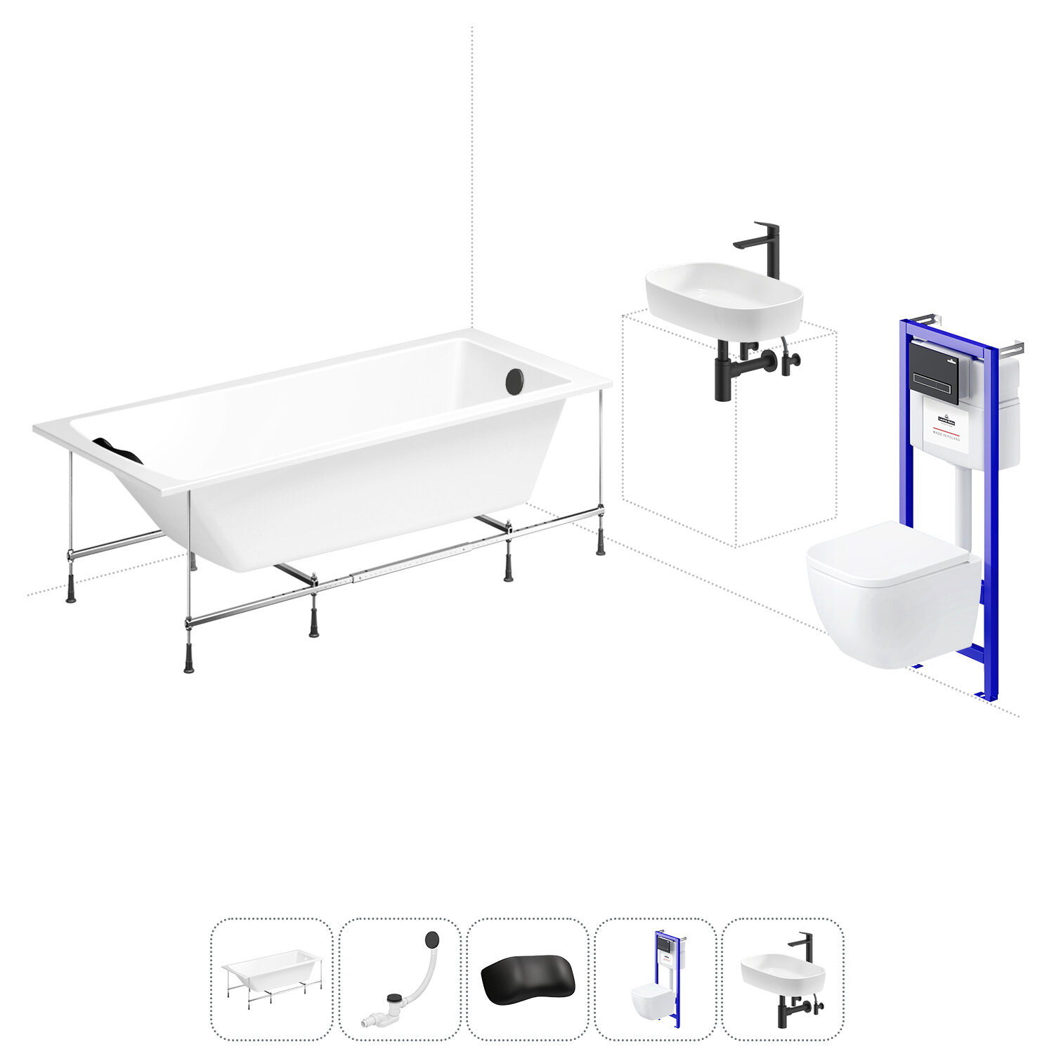 Акриловая ванна 150x70 с каркасом Lavinia Boho One 20221227R в наборе 6 в 1: ванна, ножки, слив-перелив, подголовник, унитаз в комплекте, раковина в комплекте