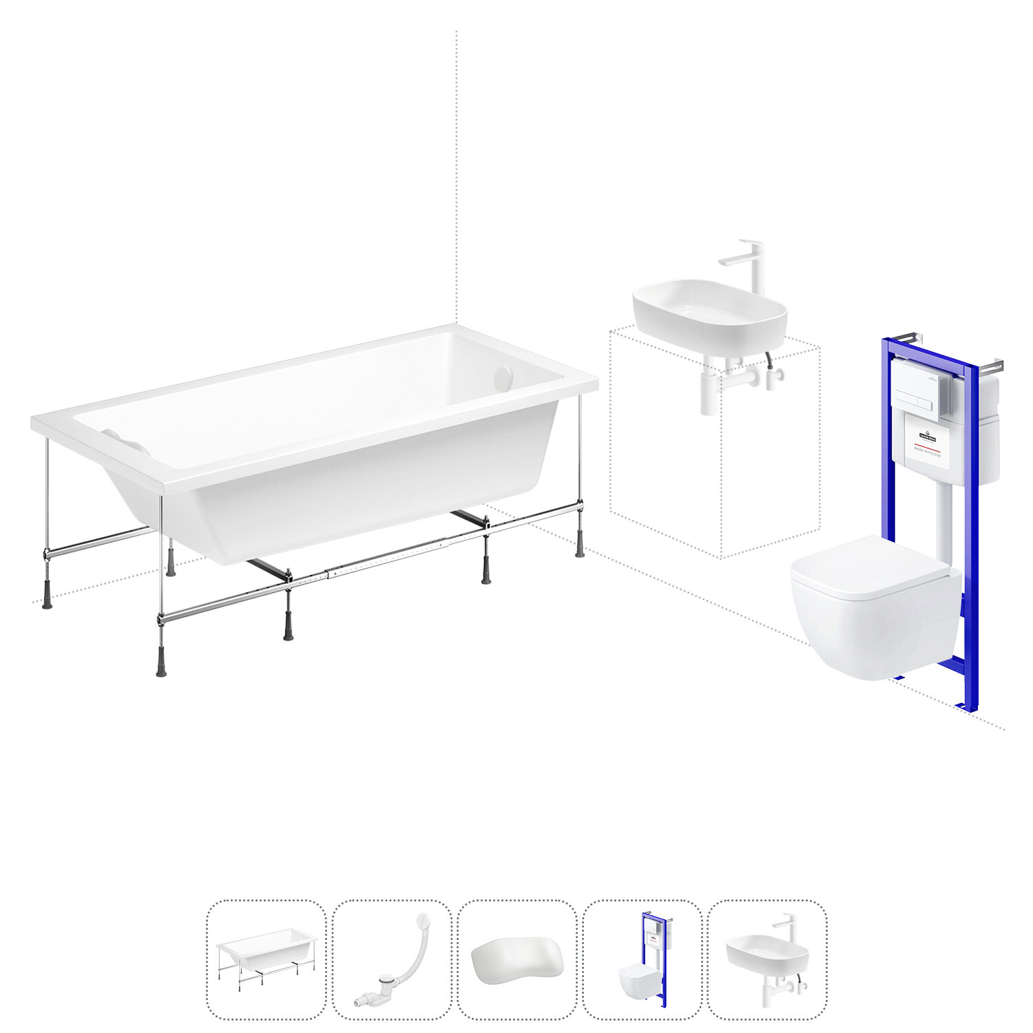 Акриловая ванна 170x80 с каркасом Lavinia Boho Catani 20221286R в наборе 6 в 1: ванна (правый разворот), ножки, слив-перелив, подголовник, унитаз в комплекте, раковина в комплекте