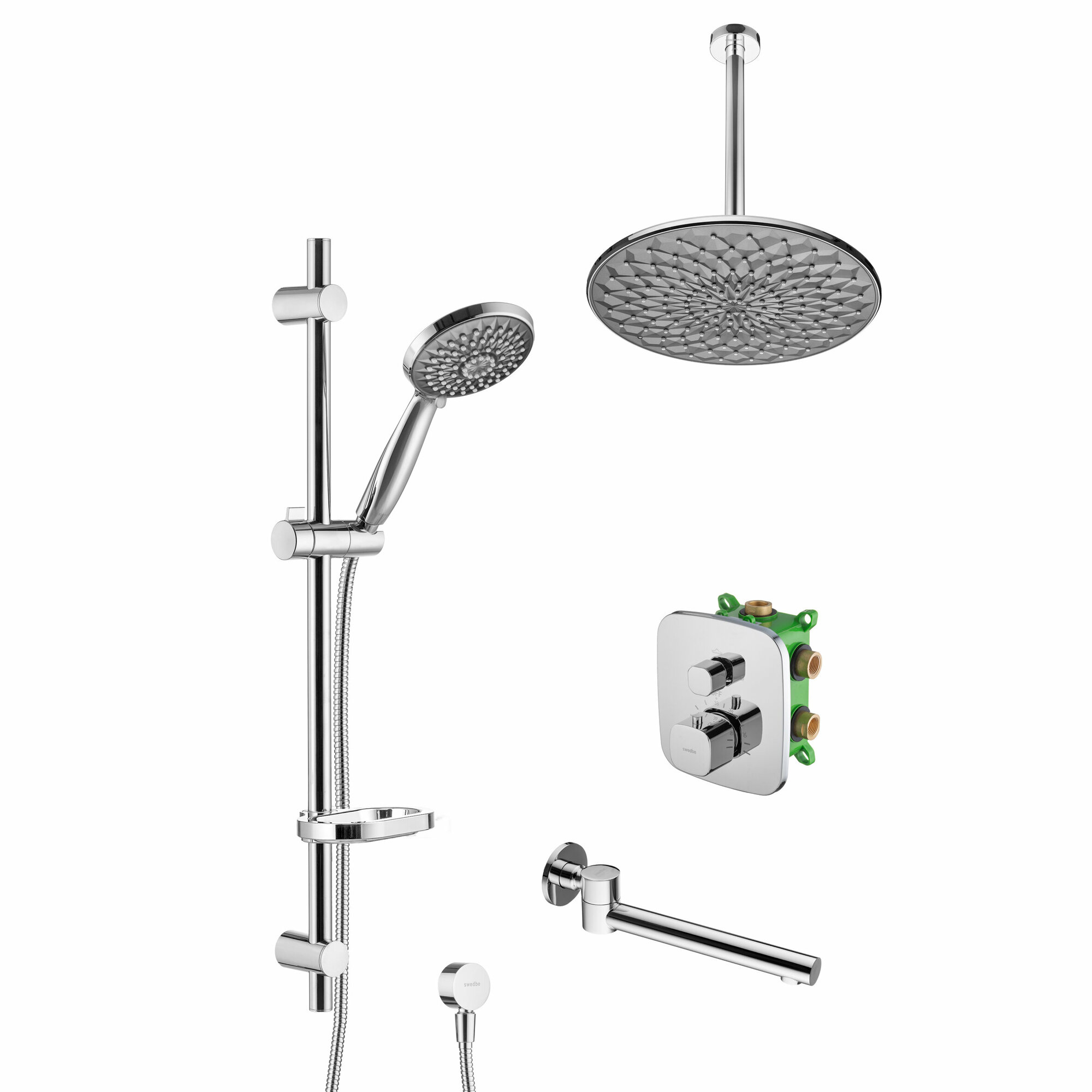 Душевой комплект со встраиваемым термостатическим смесителем (с монтажным боксом) и поворотным изливом Swedbe