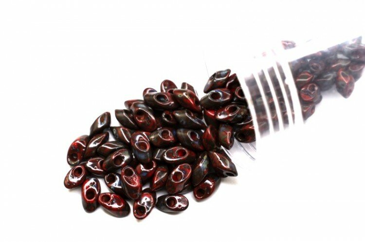 Бисер японский MIYUKI Long Magatama #4513 красный гранат, непрозрачный матовый пикассо, 10 грамм