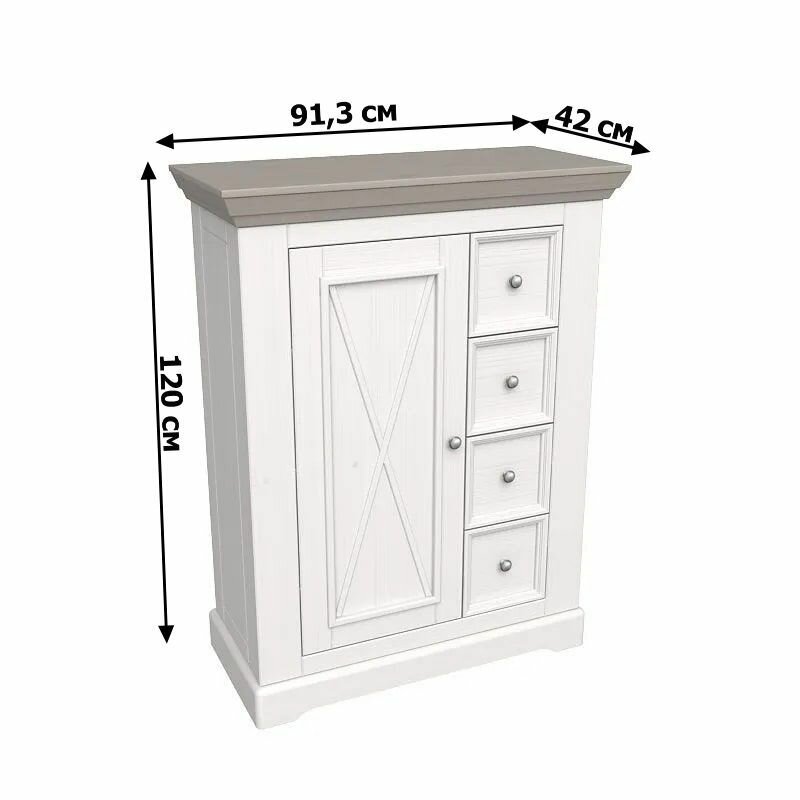 Комод Форест 1 дверь 4 ящика 91,3х42х120 см, массив сосны, белый воск/антрацит