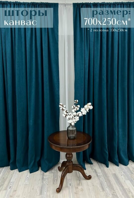 Шторы Милкитекс канвас 700х250см / комплект (350х250см - 2шт) бархатистых портьер для зала, кухни, спальни, сине-зеленые
