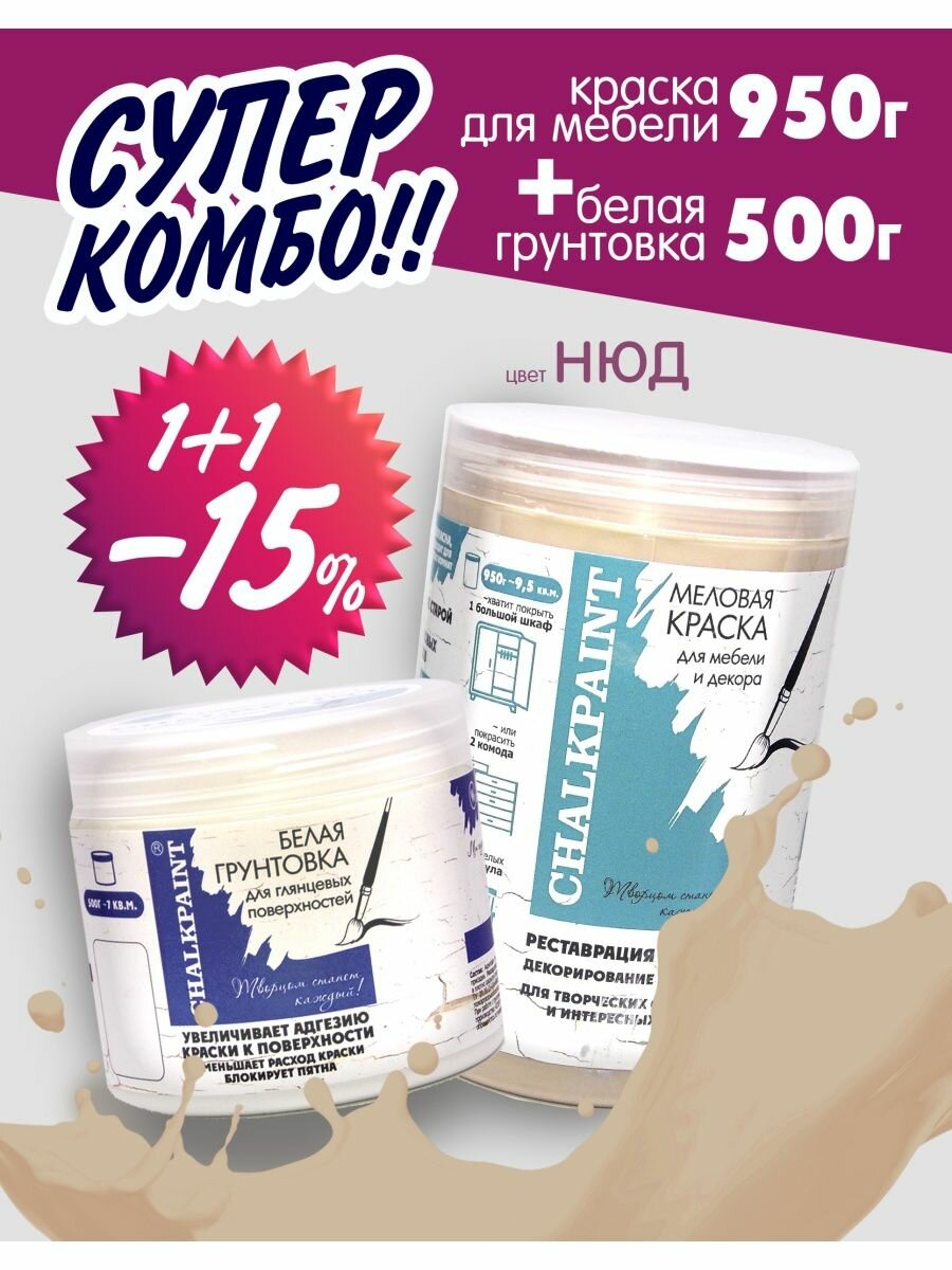Краска меловая для мебели Chalky Paint, нюд 950 г + грунт 500 г