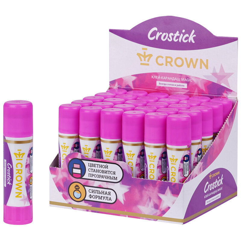Комплект 30 шт, Клей-карандаш Crown "Indicator", 08г, с цветным индикатором, ПВП