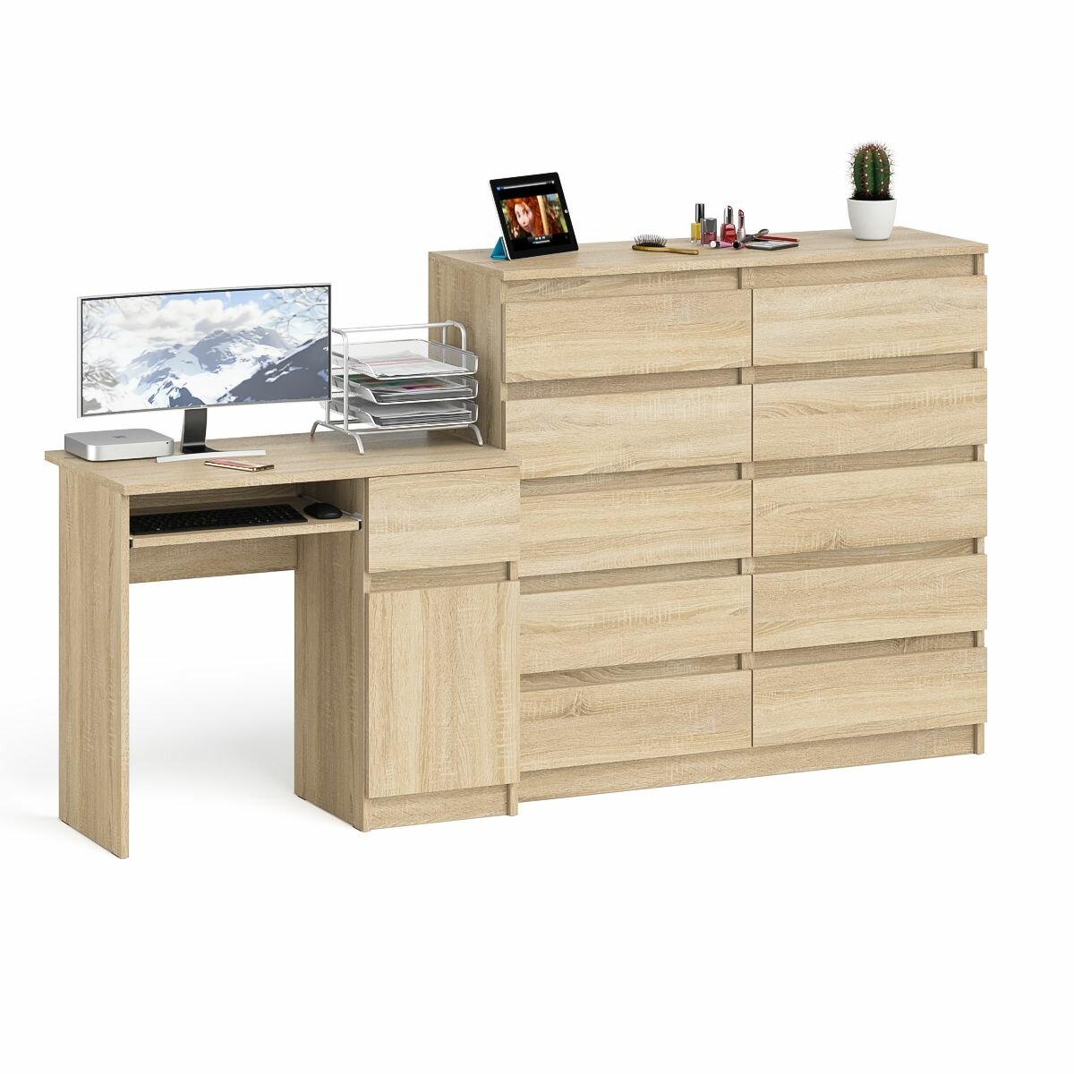 Комод большой СВК Мори МК1200 10-ть ящиков и стол компьютерный правый цвет дуб сонома, 210,4х50х115 см.