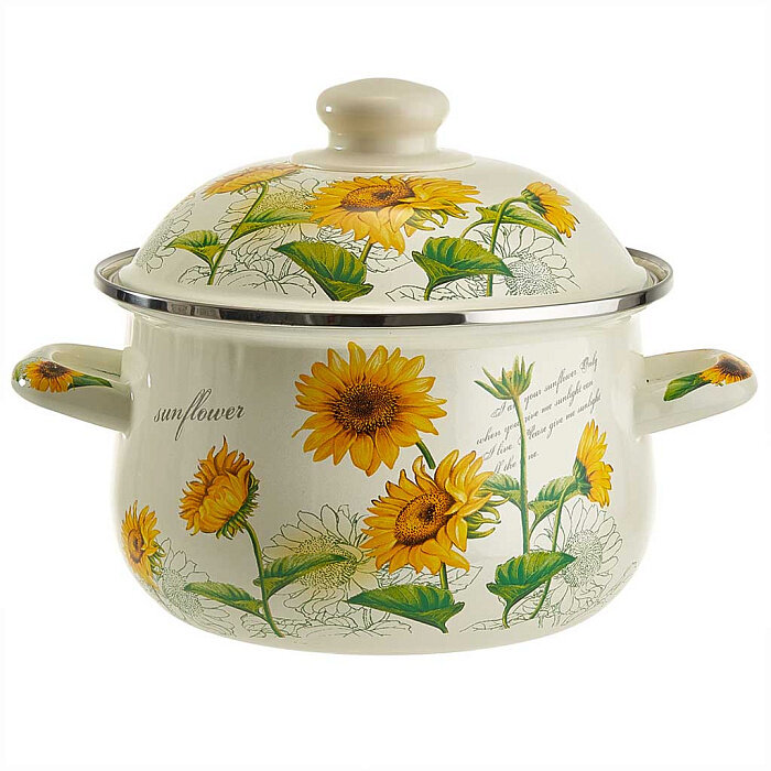 Эмалированная кастрюля MetaLLoni "Подсолнухи", с крышкой, 2л, нержавеющая сталь