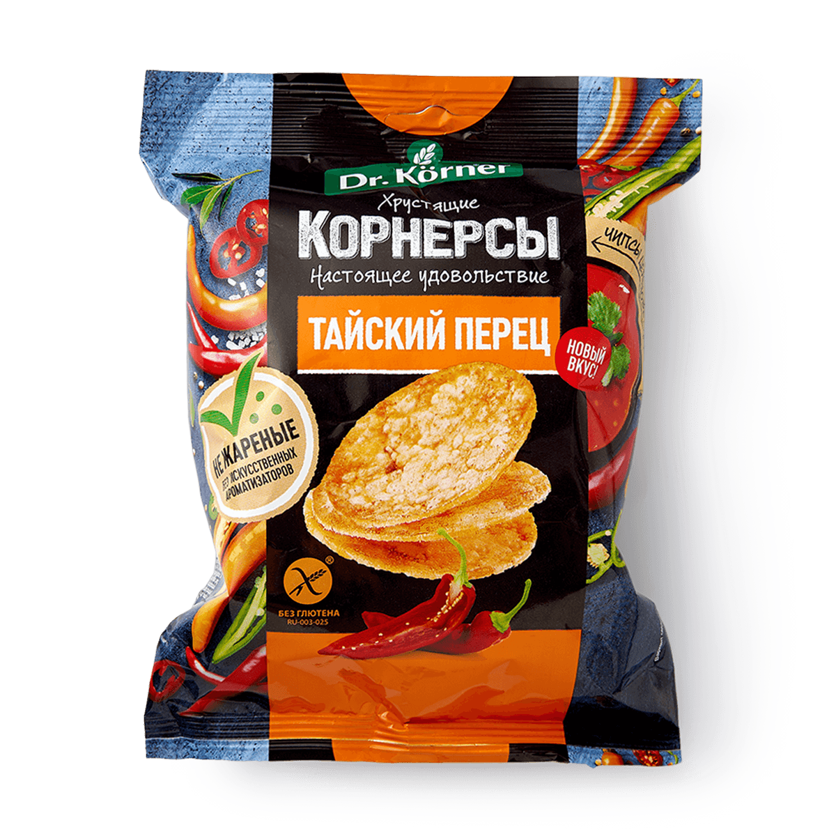 Чипсы Dr.Korner, цельнозерновые корнерсы со вкусом тайского перца, 50 г, флоу-пак, 1 шт