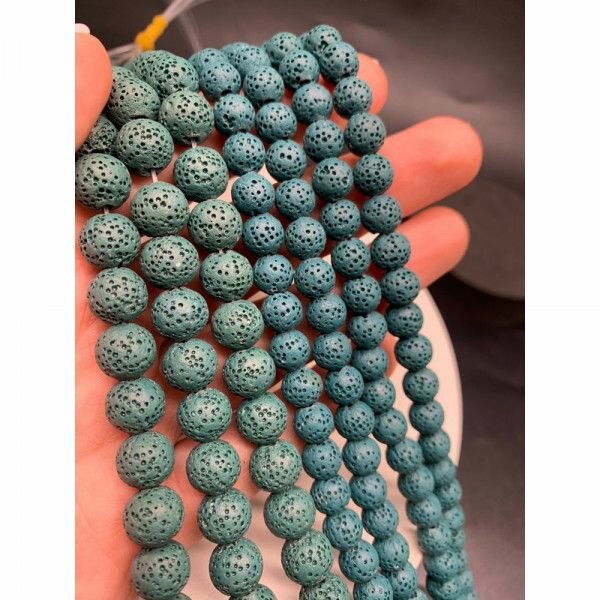 Каменные бусины, вулканическая лава люкс, пористая тонированная, цвет морской волны, шарик гладкий, 10 мм, длина нити 38 см, около 38 бусин