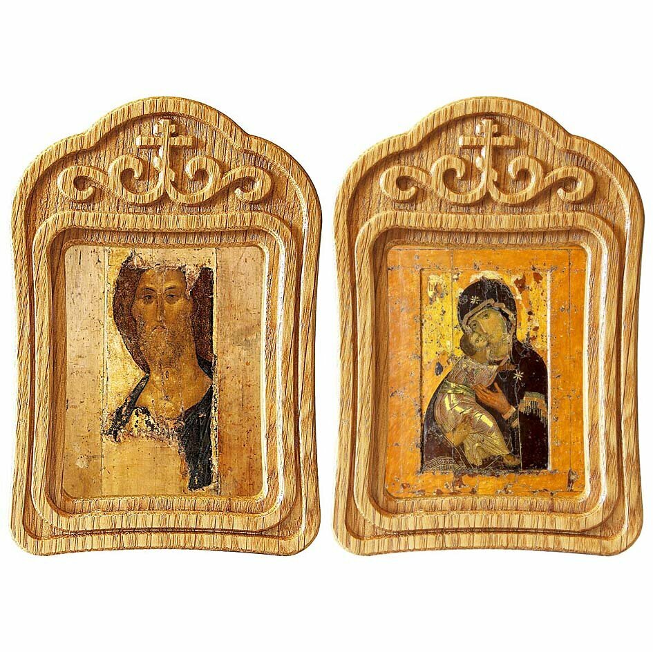 Венчальная пара "Спас Вседержитель (Андрей Рублев, 1410 г) - Владимирская икона Божией Матери (XII в)", две иконы в резных деревянных рамках