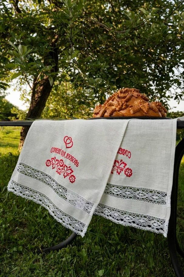 Рушник на свадьбу под каравай "Совет да любовь", размер 40х150 см, лен 100%, цвет белый