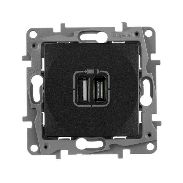 Legrand (Легранд) Зарядное устройство с двумя USB-разьемами тип A-тип С 3000мА цвет антрацит, Etika 672636