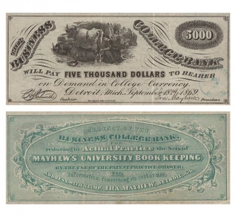 Сертификат 5000 долларов 1869 США Колледж Хиллсдейл, сувенирная копия, банкноты и купюры редкие коллекционные