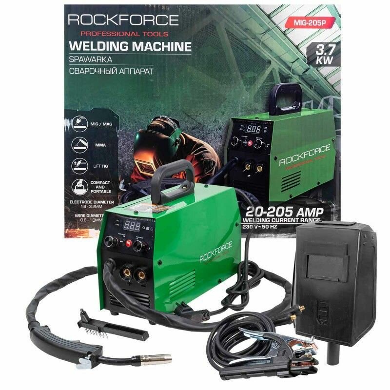 Сварочный аппарат (3.7кВт, 230В, диаметр электрода - 1.6-3.2мм, диаметр проволоки - 0.8-1мм, сварочный ток - 20-205А) ROCKFORCE