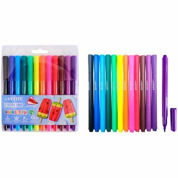 Фломастеры deVENTE 12 цветов, "Triolino", вентилируемый колпачок, трёхгранный корпус, пластиковый блистер (5081414)
